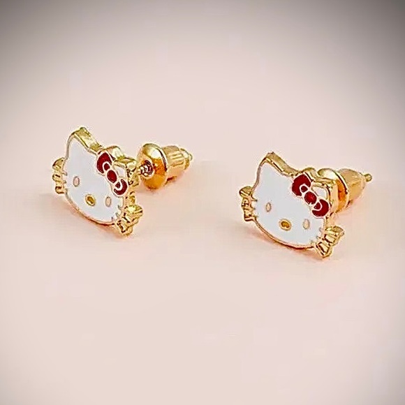 Hello Kitty | Accessories | Hello Kitty Gold Red Bow Face Stud Flat ...